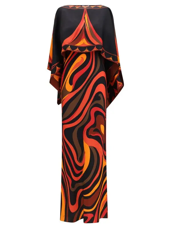 Emilio Pucci Marmo Print Silk Cape Dress - Orange