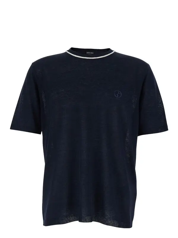 Giorgio Armani Blue Crew Neck T-shirt With Tone-on-tone Logo On The Front In Linen And Silk Blend For - Multicolor