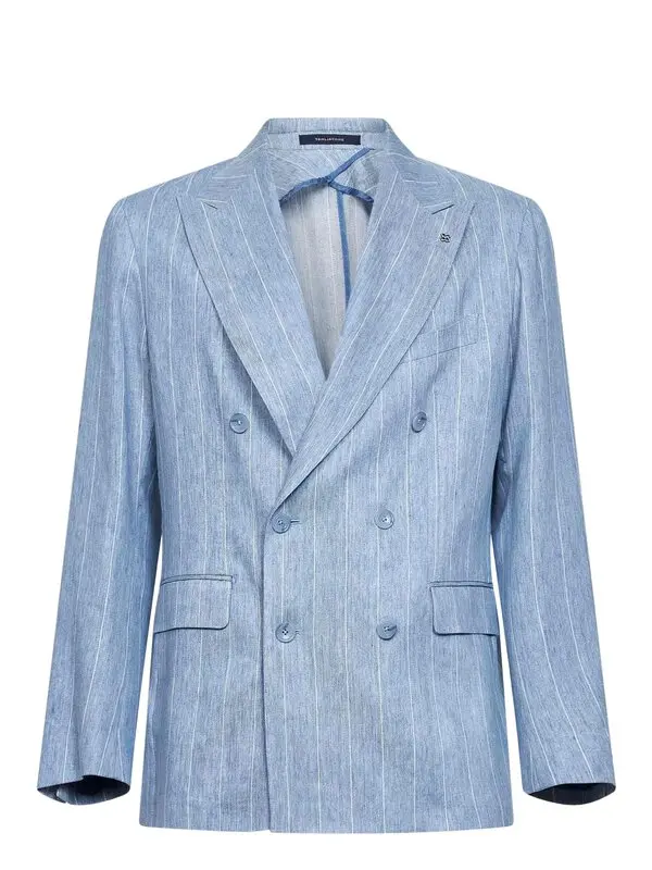 Tagliatore Light Blue Pinstriped Linen Blend New York Double-breasted Blazer - Multicolor