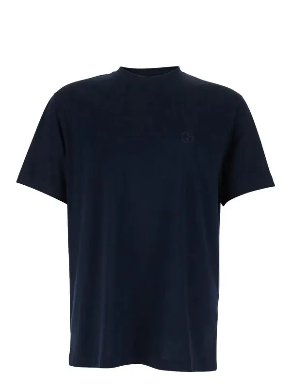 Giorgio Armani Blue Crew Neck T-shirt With Raised Collar In Cotton For - Multicolor