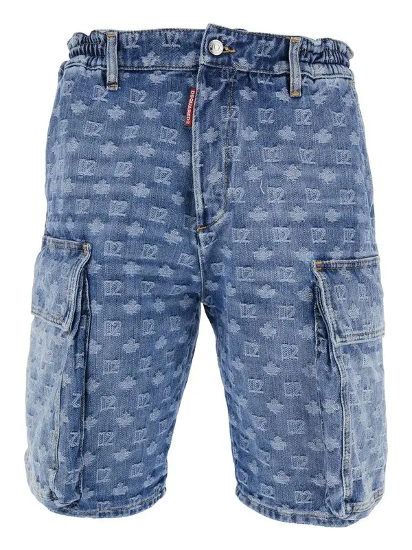 Dsquared2 Denim Bermuda Shorts With All-over Monogram And Cargo Pockets - Multicolor