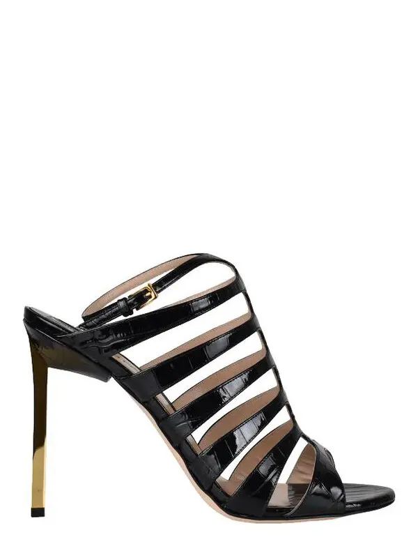 TOM FORD Crocodile-effect Leather Strappy Sandals With Gold Mirrored Heel - Black