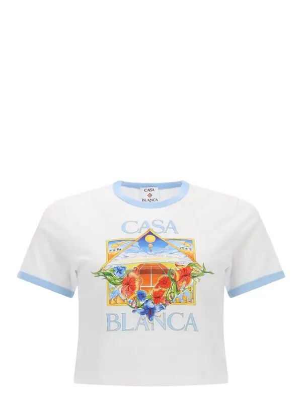 Casablanca Tennis Landscape Ringer Cropped T-shirt - White