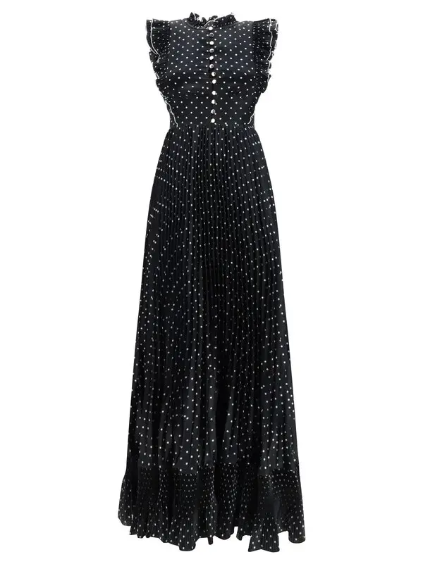 SELF-PORTRAIT Polka Dot Lace Trim Maxi Dress - Black