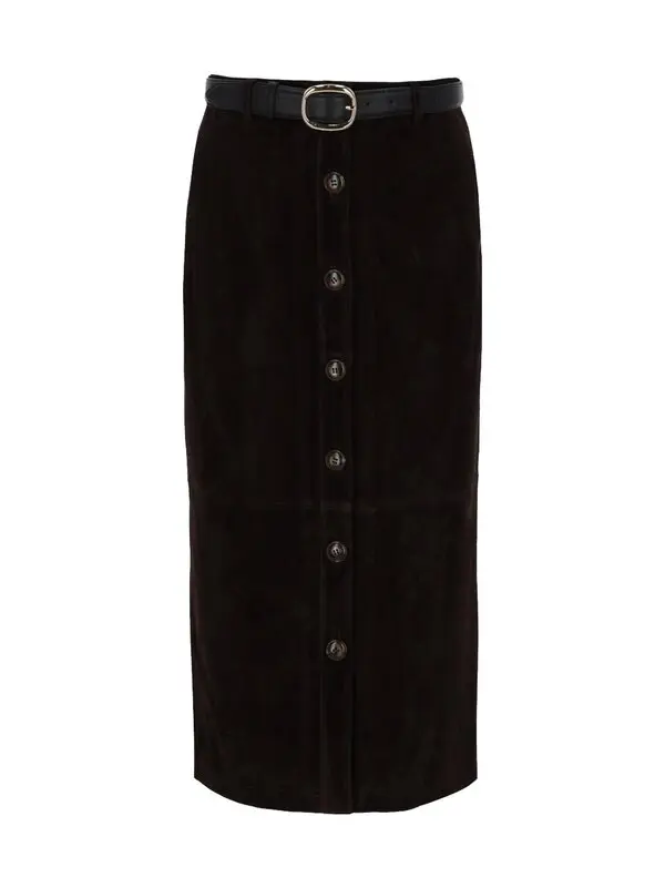 SELF-PORTRAIT Suede Midi Skirt - Brown