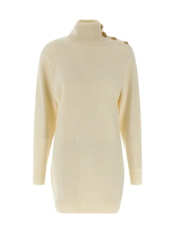 Balmain Cashmere Wool Mini Dress With Lion Head Button Detail - Cream
