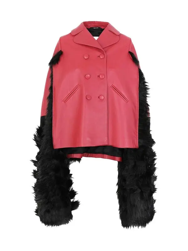 MAISON MARGIELA Faux Fur Trimmed Leather Cape Jacket - Red