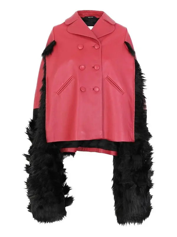 MAISON MARGIELA Faux Fur Trimmed Leather Cape Jacket - Red