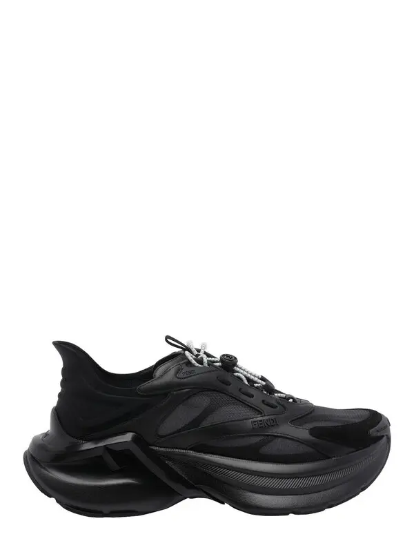 Fendi Fabric And Calf Leather F-light Sneakers With Platform Sole - Black