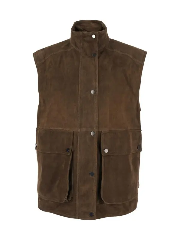 Brunello Cucinelli Leather Gilet With High Collar And Front Pockets - Multicolor
