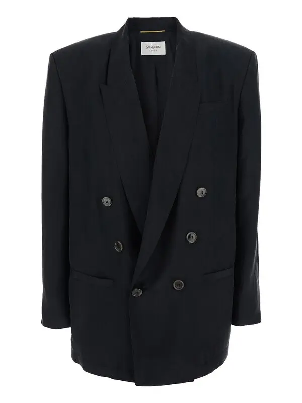 Saint Laurent Black Double-breasted Peak Lapel Silk Jacket - Multicolor