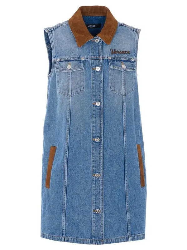Versace Flared Denim Dress With Logo - Blue
