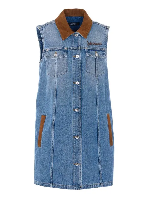 Versace Flared Denim Dress With Logo - Blue