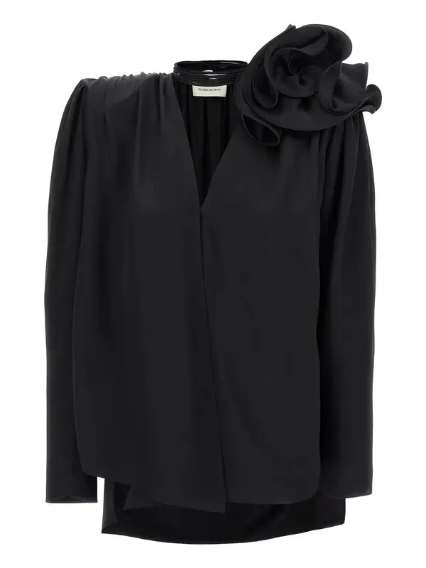 Magda Butrym Silk V-neck Blouse With Flower Appliqu - Black