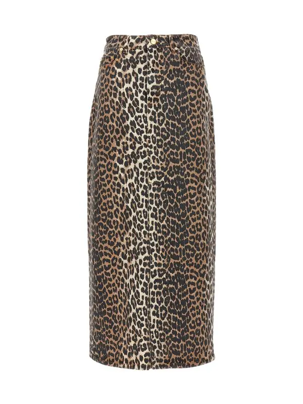 GANNI Leopard Print Cotton Denim Long Skirt - Brown