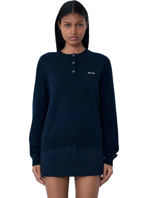 Miu Miu Cashmere Henley Sweater With Logo Embroidery - Blue