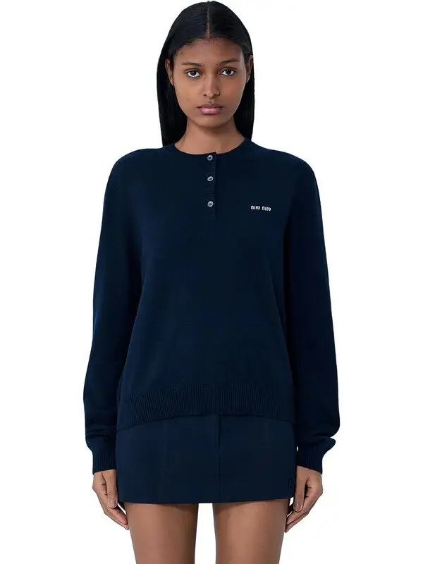 Miu Miu Cashmere Henley Sweater With Logo Embroidery - Blue
