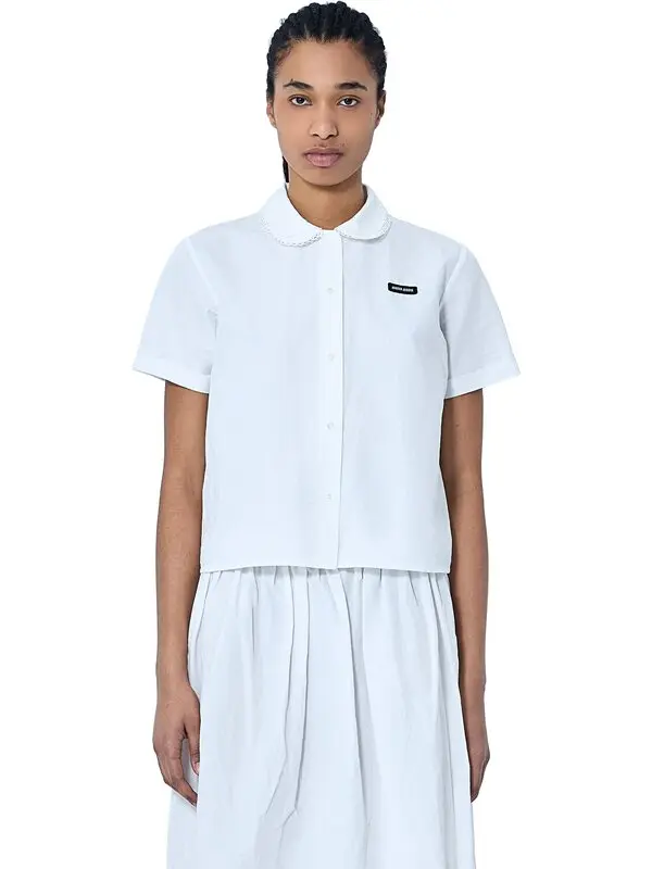 Miu Miu Cotton Linen Short Sleeve Shirt With Lace Trim - White