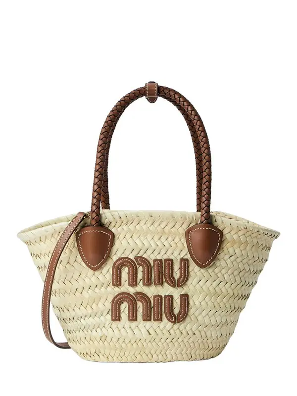Miu Miu Woven Straw Tote Bag With Braided Handles - Cream