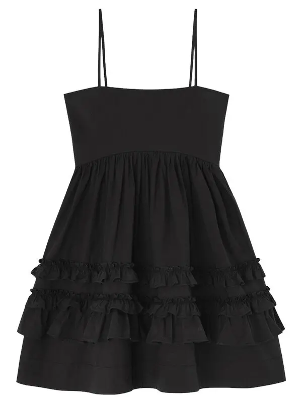 GANNI Cotton Mini Dress With Ruffles - Black