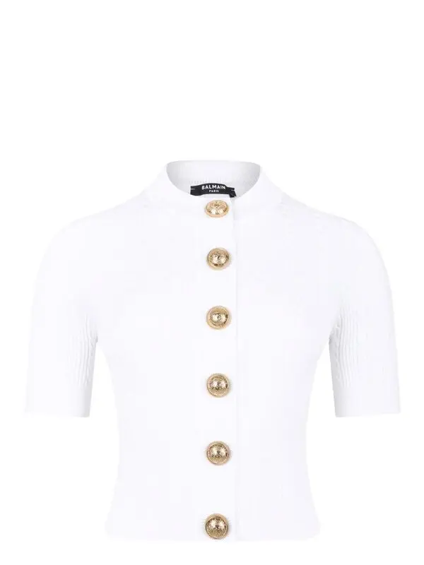 Balmain Ribbed Knit Short Sleeve Cardigan With Button Detail - Multicolor