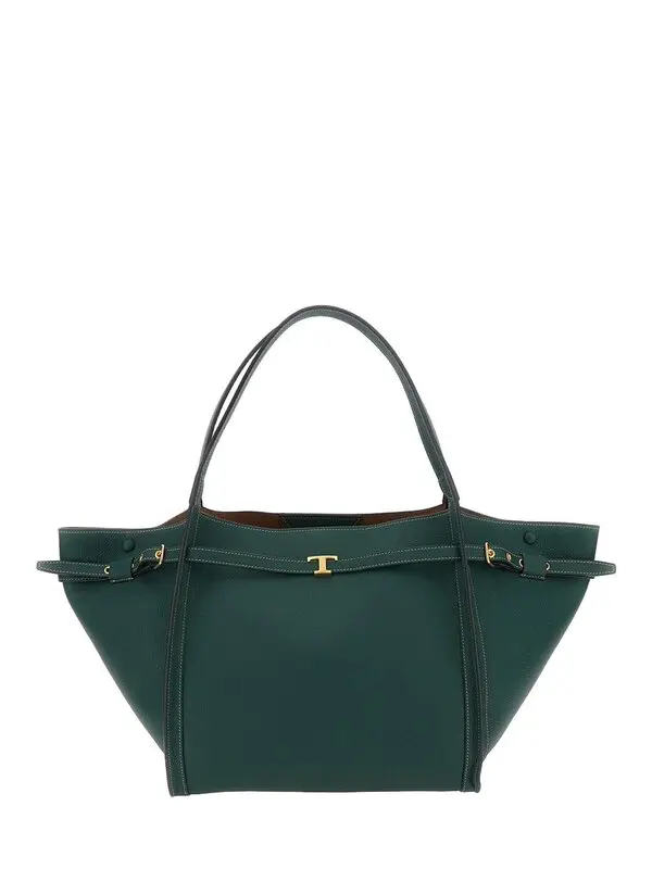 TOD'S Timeless T Tote Bag In Green Leather - Multicolor
