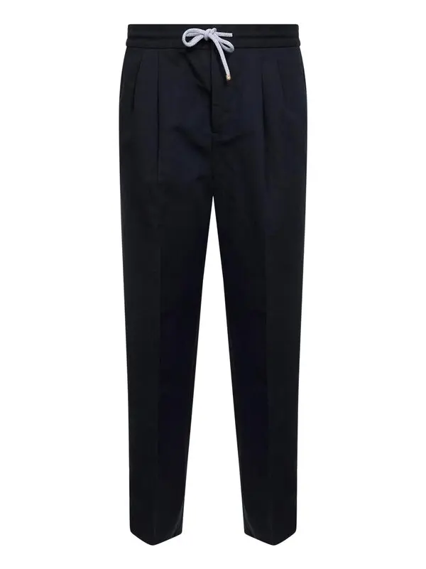 Brunello Cucinelli Navy Blue Linen And Cotton Drill Trousers - Multicolor