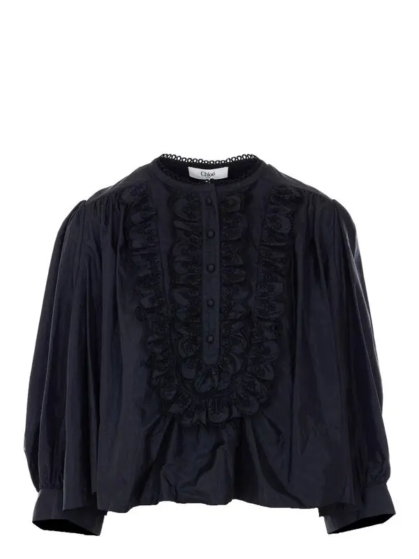 Chloé Top With Ruffled Details In Technical Taffeta - Black