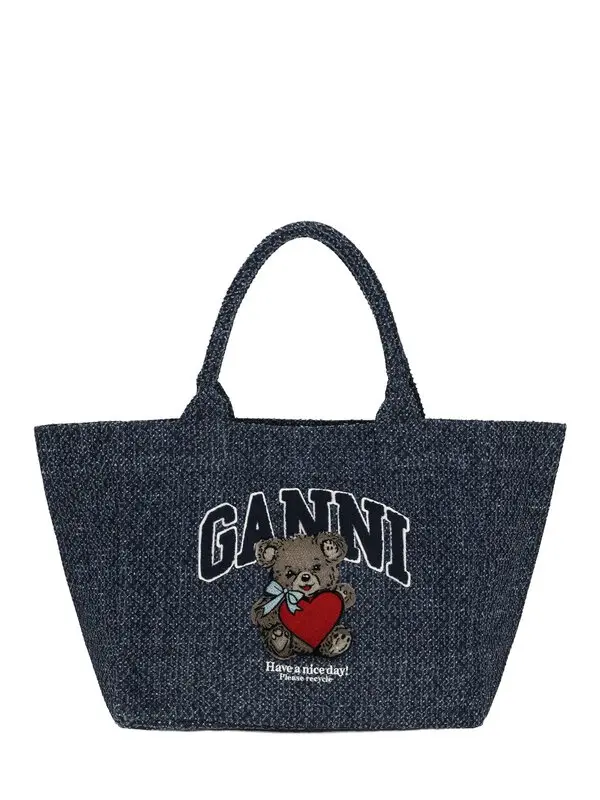 GANNI Medium Denim Tote Bag With Bear Motif - Blue