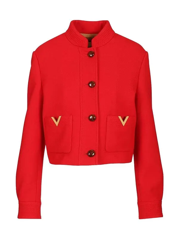 Valentino Garavani Cropped Peacoat In Drill Double With Gold V Detail - Red