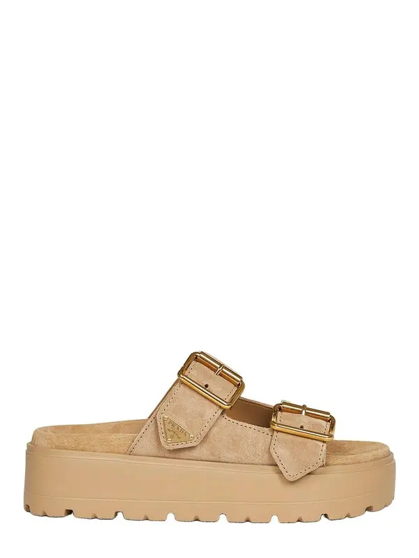 Prada Suede Double Strap Platform Sandals With Gold-toned Buckles - Multicolor