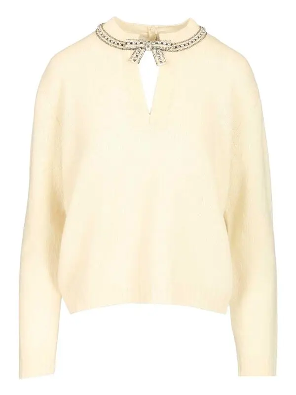 Valentino Garavani V-neck Virgin Wool Sweater With Crystal Bow Embroidery - White