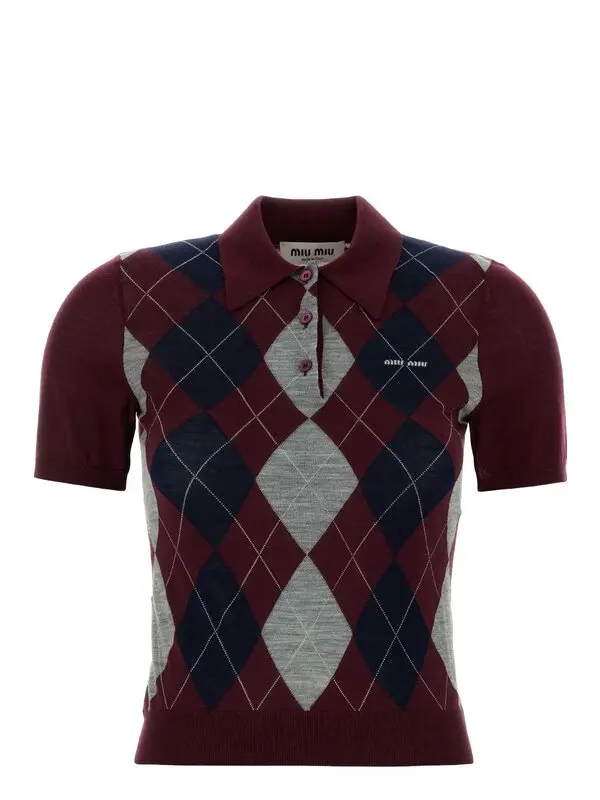 Miu Miu Burgundy Argyle Knit Polo Shirt - Red
