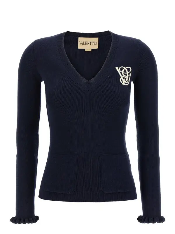 Valentino Garavani Embroidered V-neck Long Sleeve Sweater - Blue