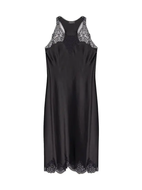 Balenciaga Satin Strappy Midi Dress - Black