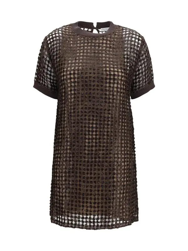Brunello Cucinelli Sequin Mesh Mini Dress - Brown