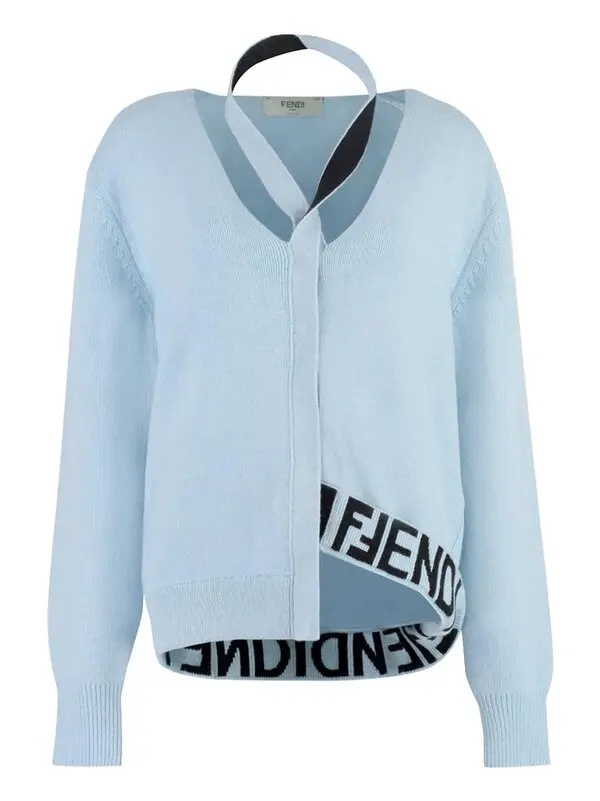 Fendi Wool And Cashmere V-neck Cardigan With Cut-out Detail - Blue