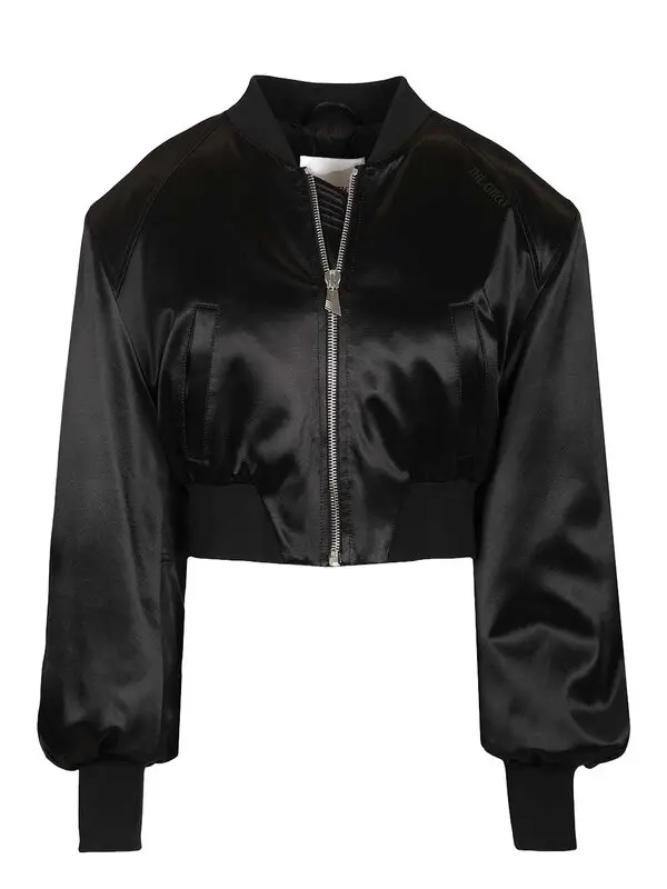 Attico Cropped Satin Bomber Jacket - Black
