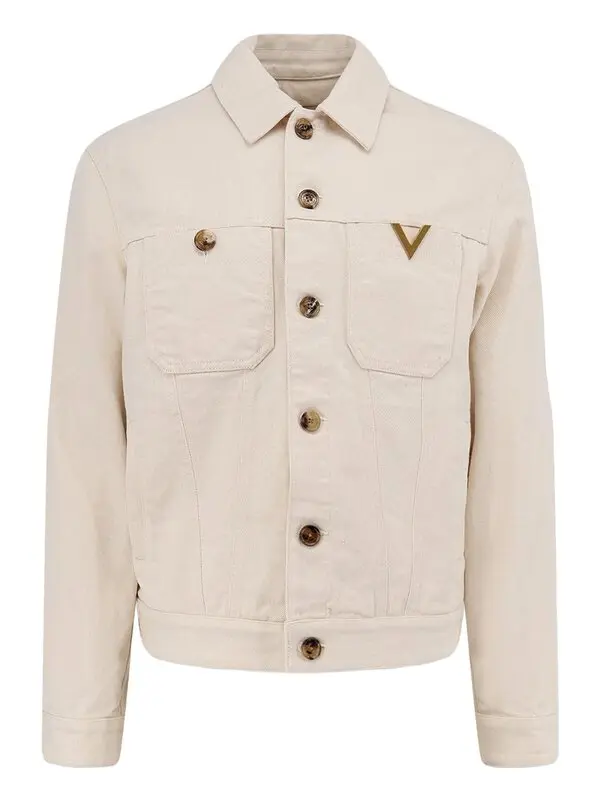 Valentino Garavani White Cotton Denim Jacket With Gold Metal V-logo - Cream