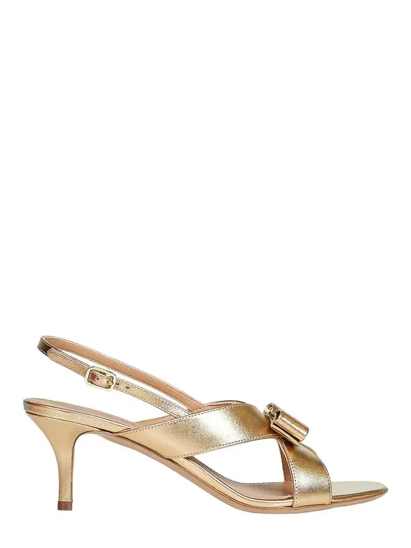 FERRAGAMO Gold Laminated Nappa Leather Rima Vara Bow Sandals - Multicolor