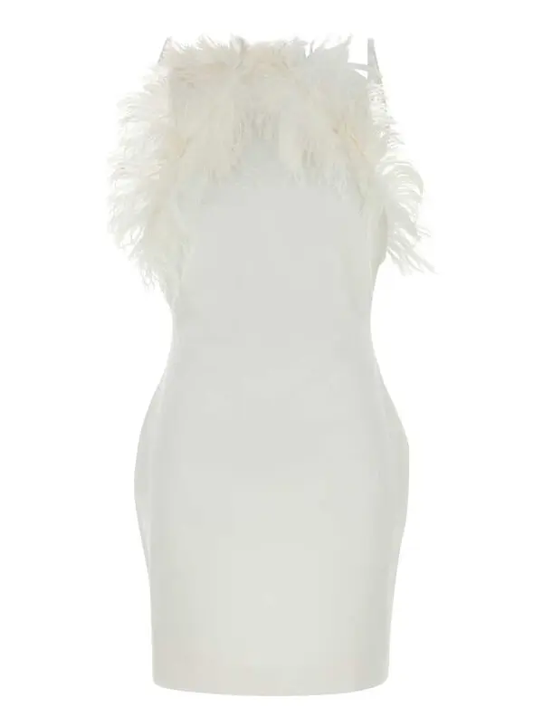 Attico Stretch Cady Mini Dress With Ostrich Feather Embellishment - White
