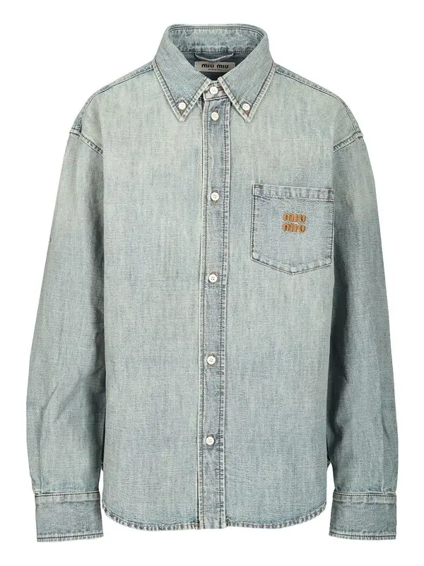 Miu Miu Long-sleeved Chambray Denim Shirt With Embroidered Logo - Blue