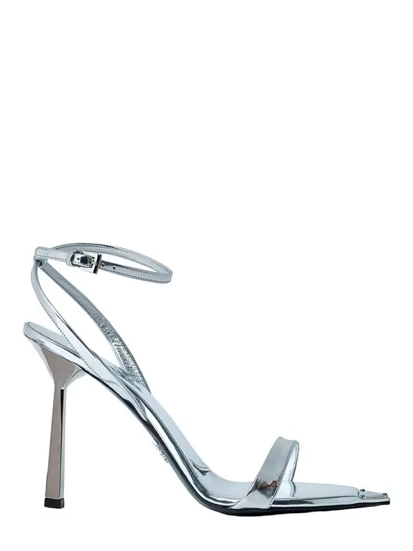 Prada Leather Stiletto Heeled Sandals With Side Buckle - Silver