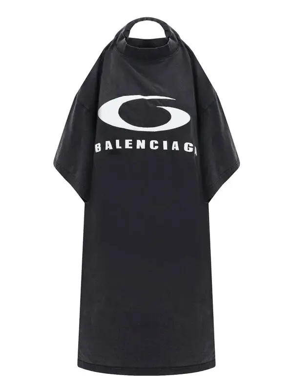Balenciaga Icon Print T-shirt Dress With Open Back - Black