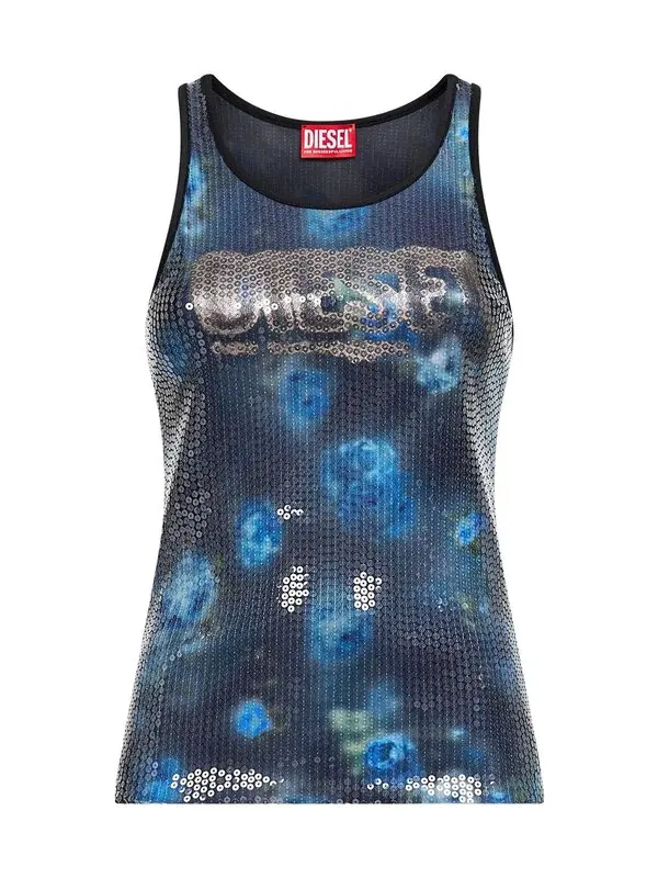 DIESEL® Sequined Floral Print Jersey Tank Top - Multicolor