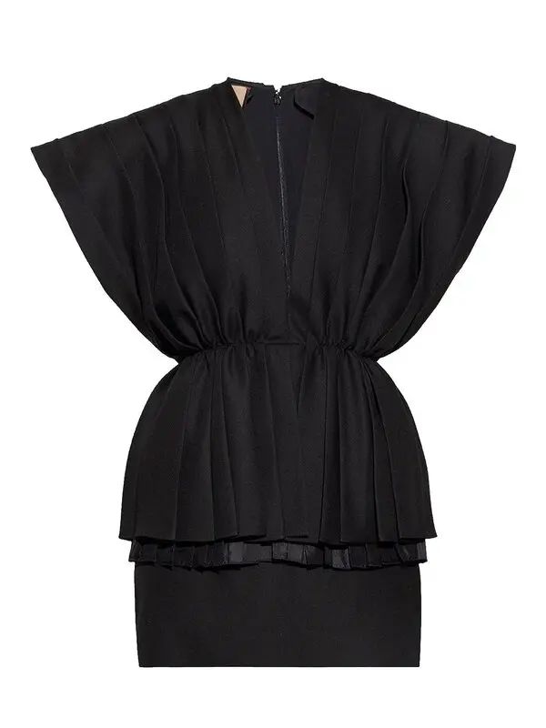 Gucci Pleated V-neck Wool Dress - Black