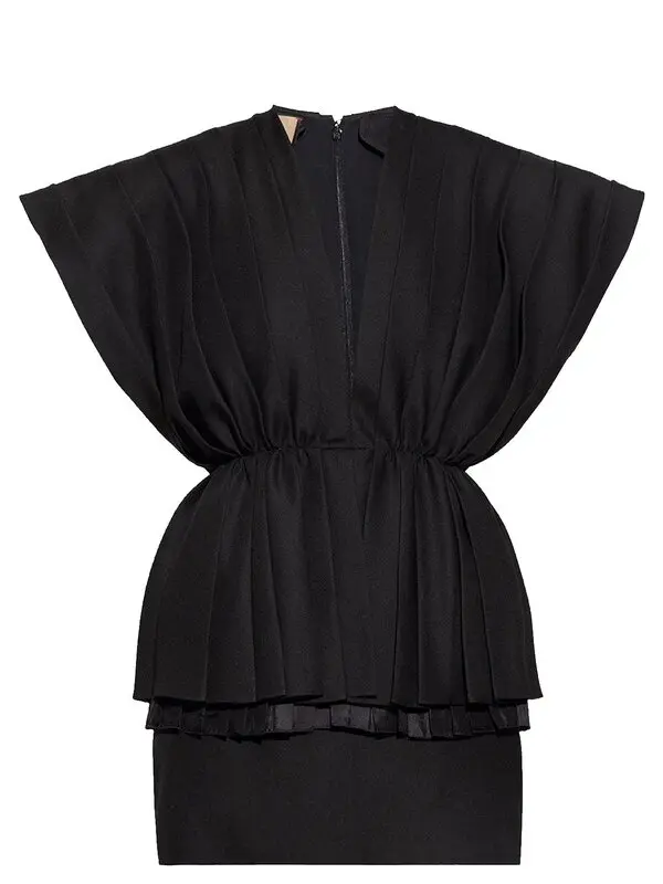Gucci Pleated V-neck Wool Dress - Black