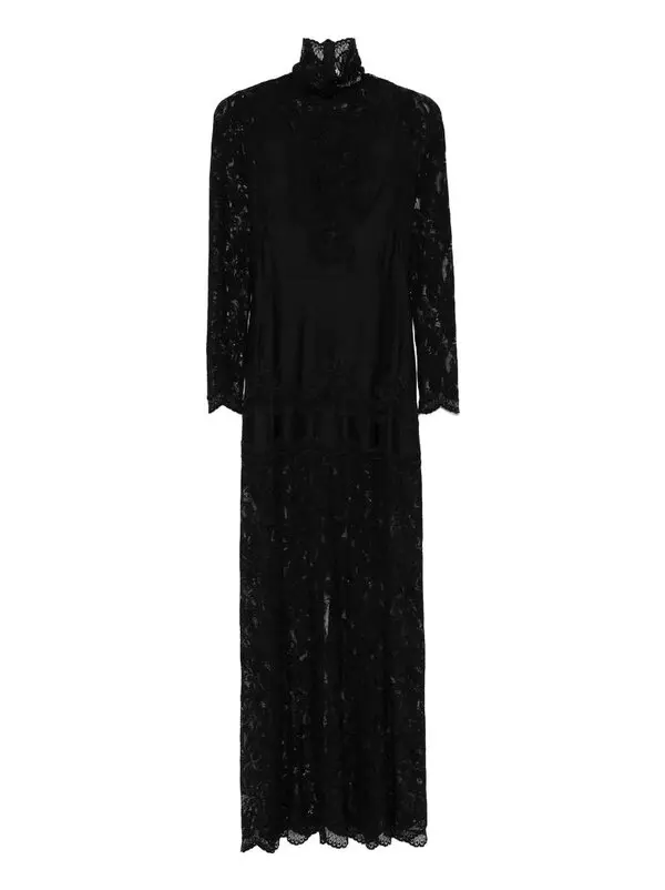 Rabanne Lace Appliqué High Neck Long Sleeve Gown - Black