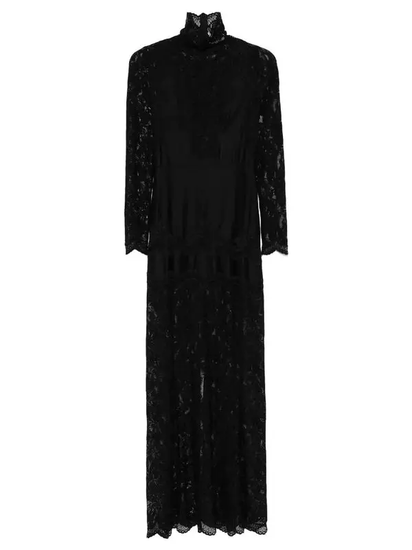 Rabanne Lace Appliqué High Neck Long Sleeve Gown - Black