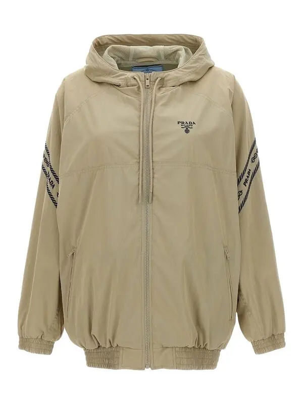 Prada Logo Detail Drawstring Hood Jacket - Cream